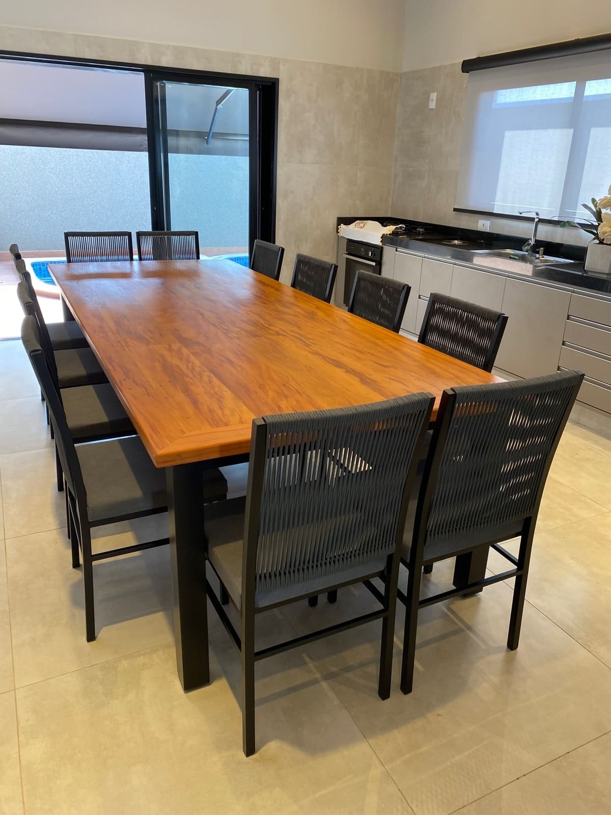 Madeira Pura - Mesa Retangular Peroba Rosa 300x100 Base Aluminio